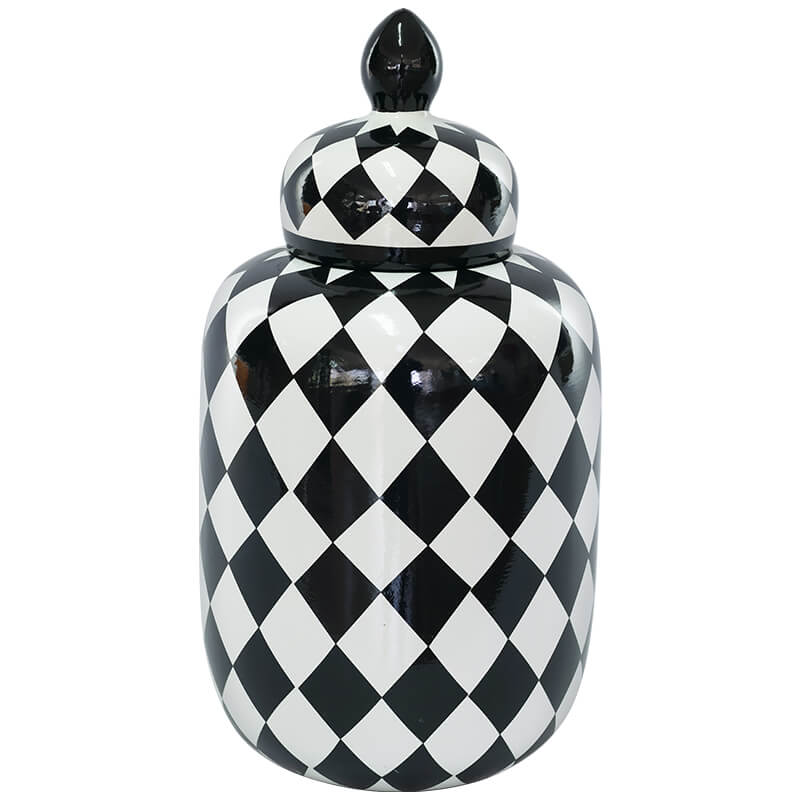 BLACK/WHITE CHECK JAR/LID 34CM – Transnatal